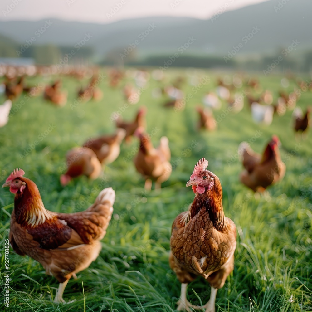 Organic free-range chicken farm with hens roaming freely, green ...
