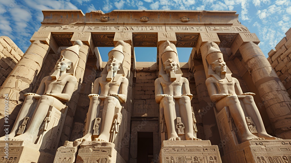 Four colossal statues of pharaohs with hieroglyphics carved on the ...