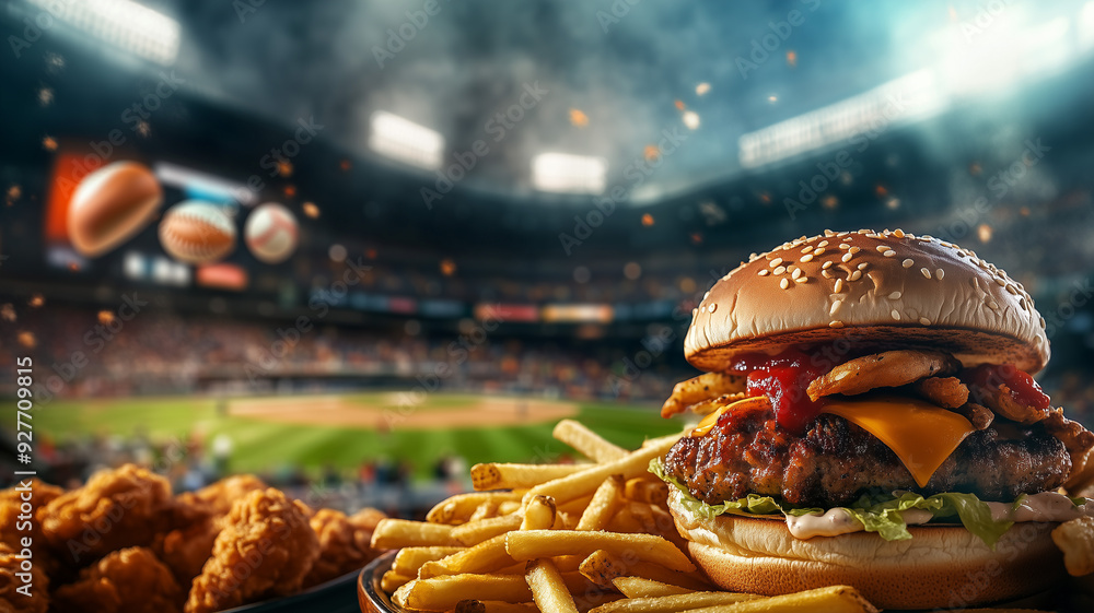 A vibrant baseball stadium filled with cheering fans and delicious ...