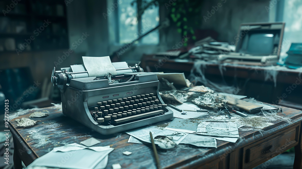 Abandoned office room with an old typewriter and computer covered in ...