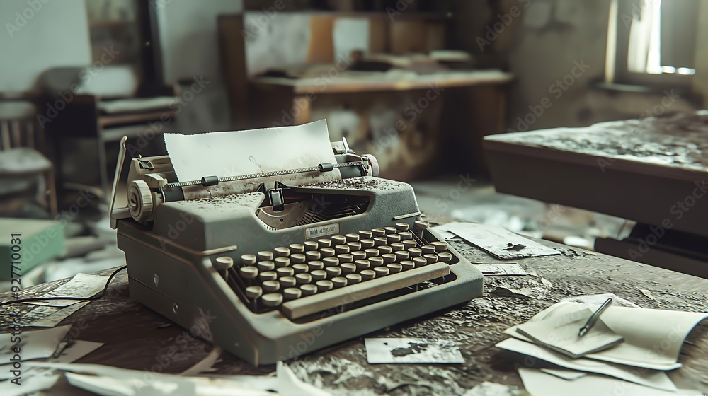 Abandoned office room with an old typewriter and computer covered in dust and cobwebs. Papers ...