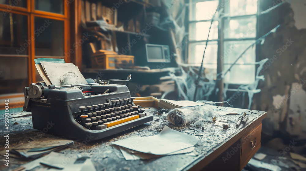 Abandoned office room with an old typewriter and computer covered in ...