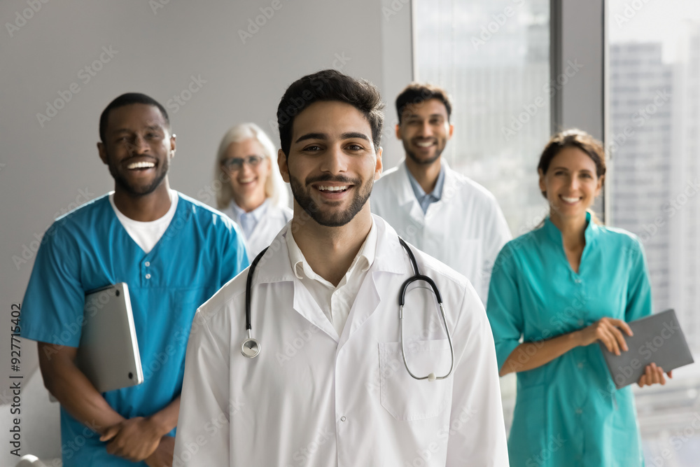 Head shot of ambitious young 35s Arabian male doctor wear white coat ...