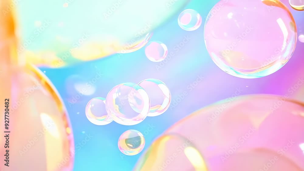 Colorful bubbles float through a pastel-colored environment with light ...