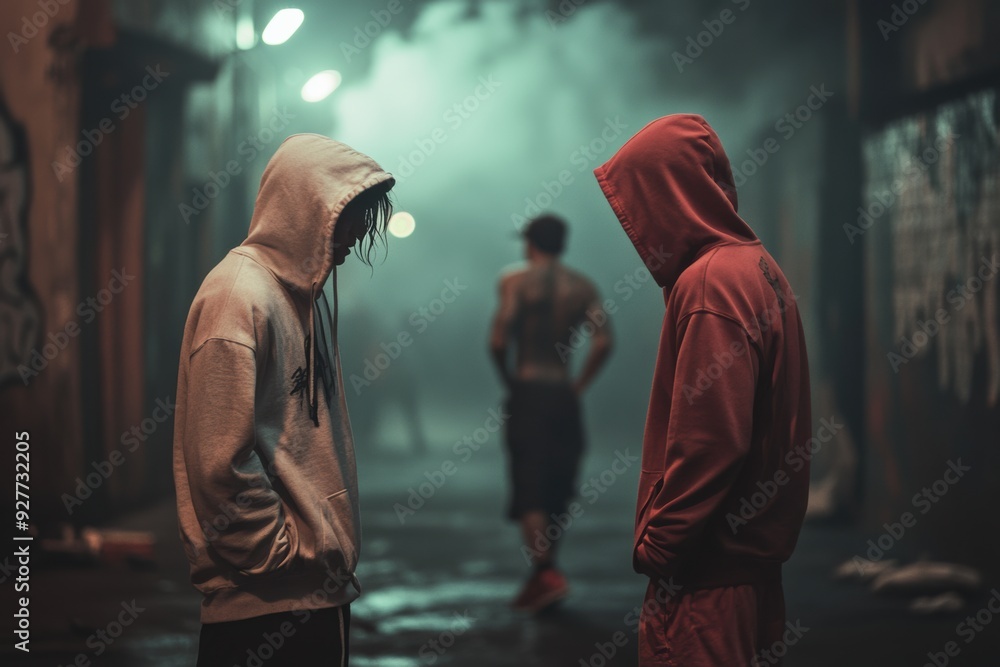 Urban Street Scene with Hooded Figures in a Dark Alleyway at Night with Mysterious Atmosphere ...