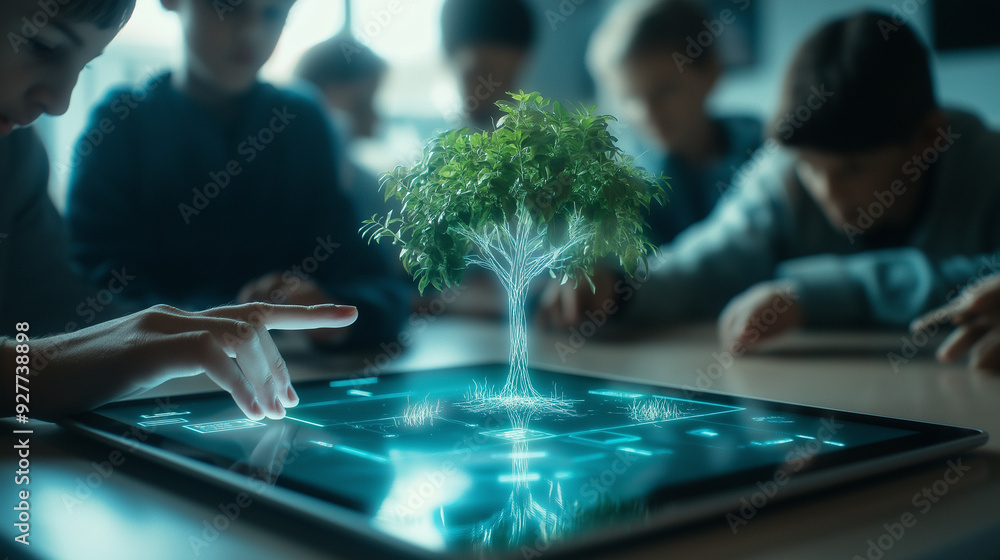 A tablet on a desk in a bright classroom, displaying a realistic AR ...