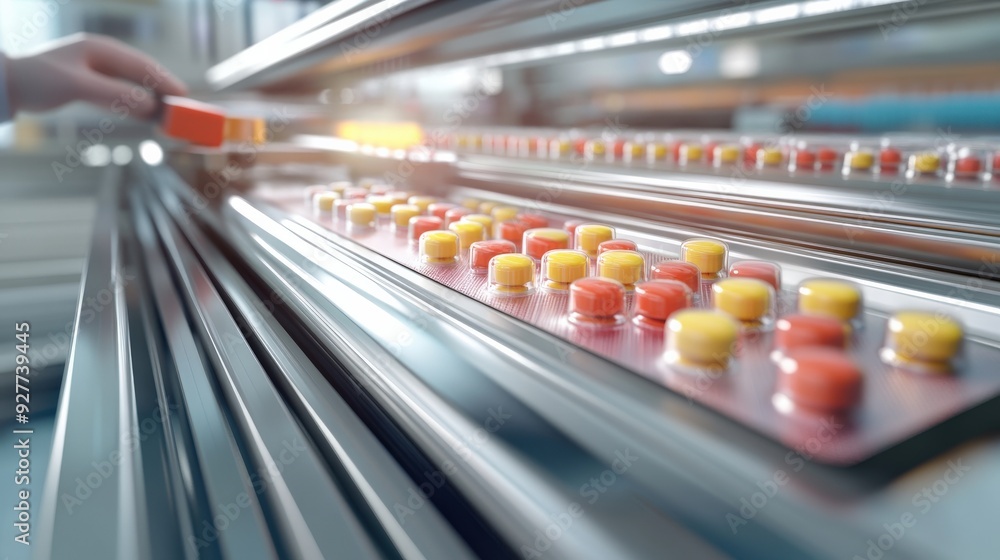 Colored tablets are being placed on a conveyor system in a ...