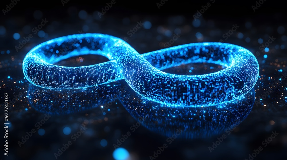 Blue infinity symbol composed of sparkling binary code particles on a ...