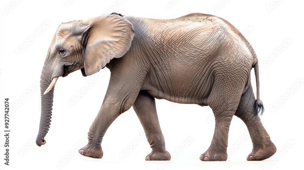 A side profile of an African elephant mid-walk on a white background ...