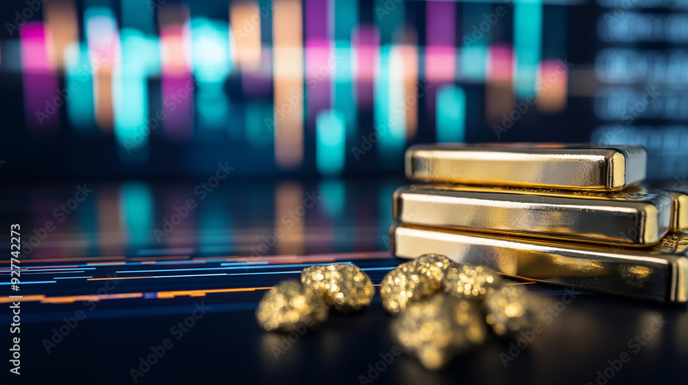 Gold bars stacked in front of a stock market graph, with gold nuggets ...