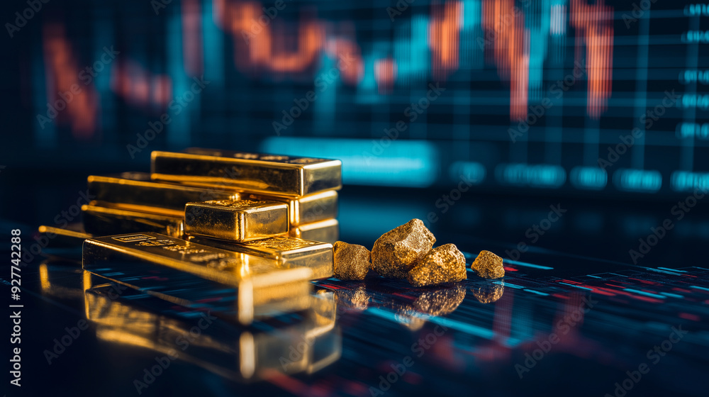 Gold bars stacked in front of a stock market graph, with gold nuggets ...