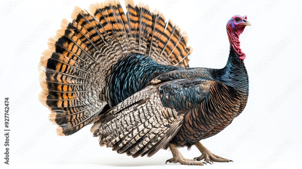 A wild turkey in full display mode, with feathers fanned out and head ...