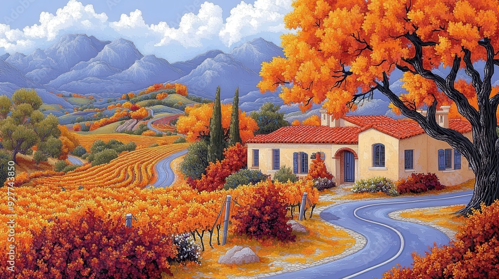 Scenic Autumn Landscape Featuring Rustic House, Trees with Foliage ...