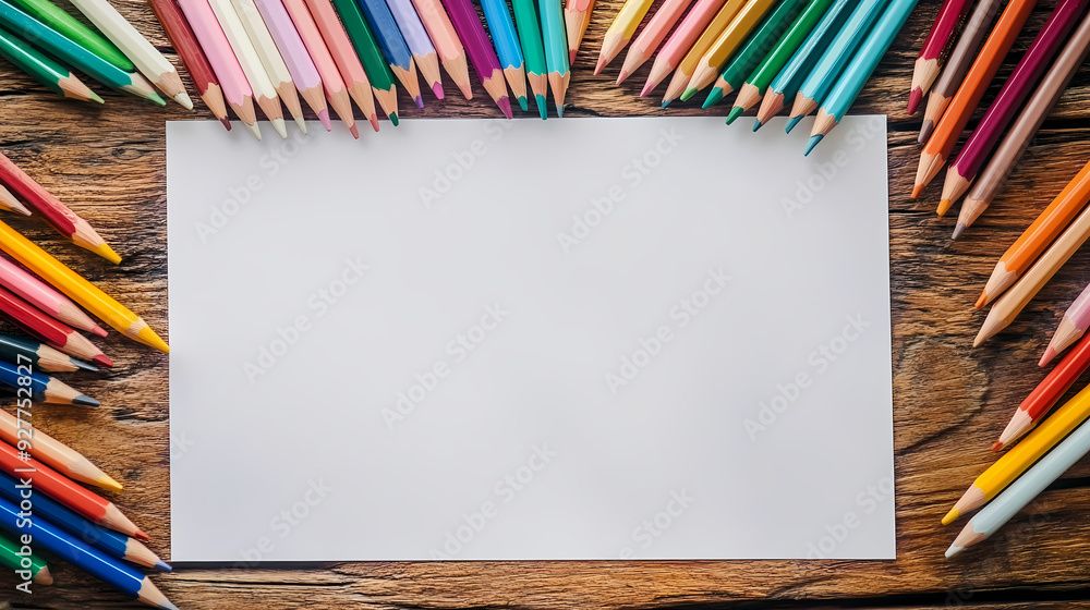 White paper sheet with colored pencils on kid desk. Top view of blank ...