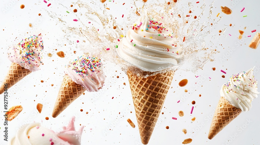 Set of Ice cream scoop on waffle cone flying splash explosion with ...