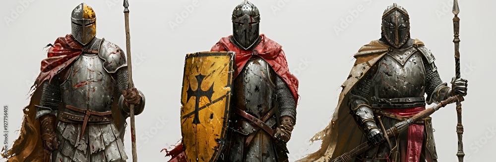 Three medieval knights in full armor, wearing chainmail, helmets, and ...