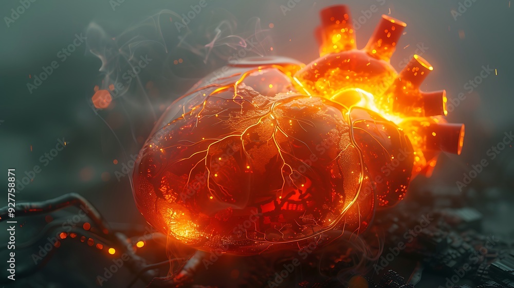 A surreal CPU heart with circuits and cables forming veins and arteries ...