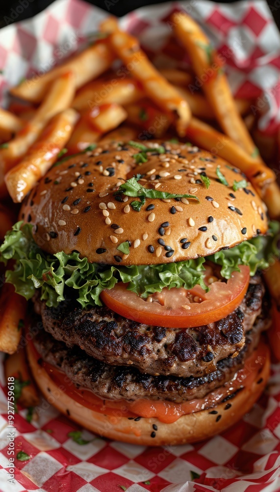 Juicy double beef burger served with crispy fries in a cozy diner ...
