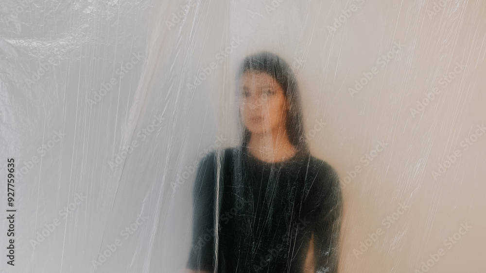 Woman aesthetic with soft blurred effect behind translucent plastic ...