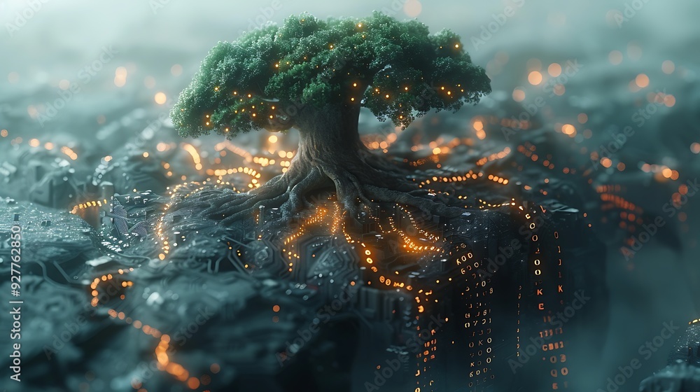 CPU depicted as a digital tree trunk, with data lines and binary code ...