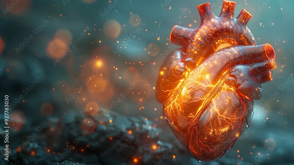 CPU depicted as a glowing mechanical heart, with cables and circuits ...