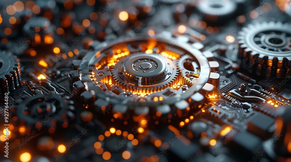 CPU with clockwork mechanisms, gears turning and driving digital ...