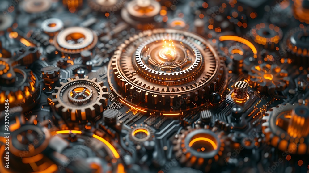 CPU with intricate clockwork gears and cogs, time and machinery ...