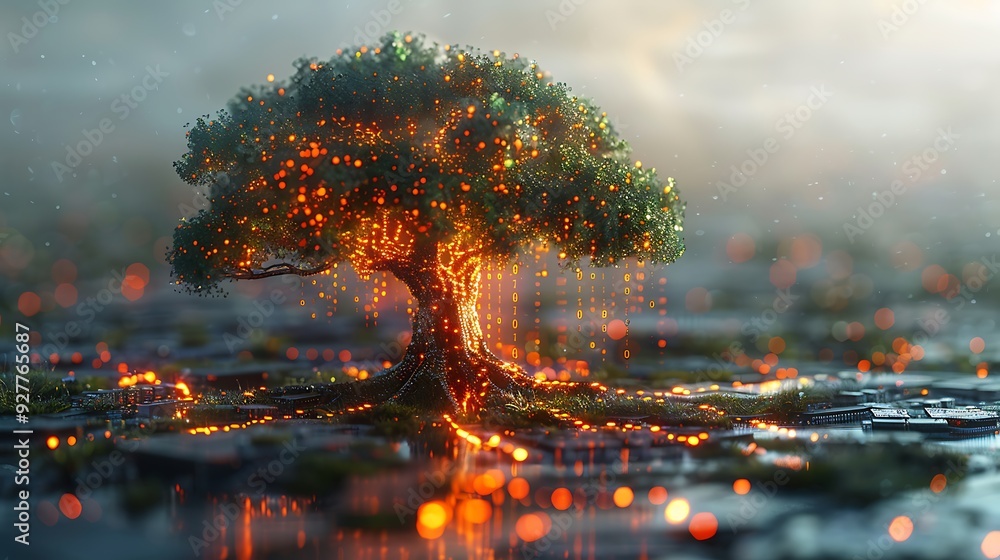 Digital tree with a CPU trunk and data branches, double exposure style ...