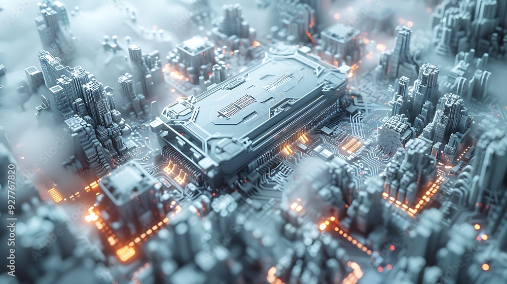 Futuristic CPU with a soft, ghostly glow, circuits almost invisible ...