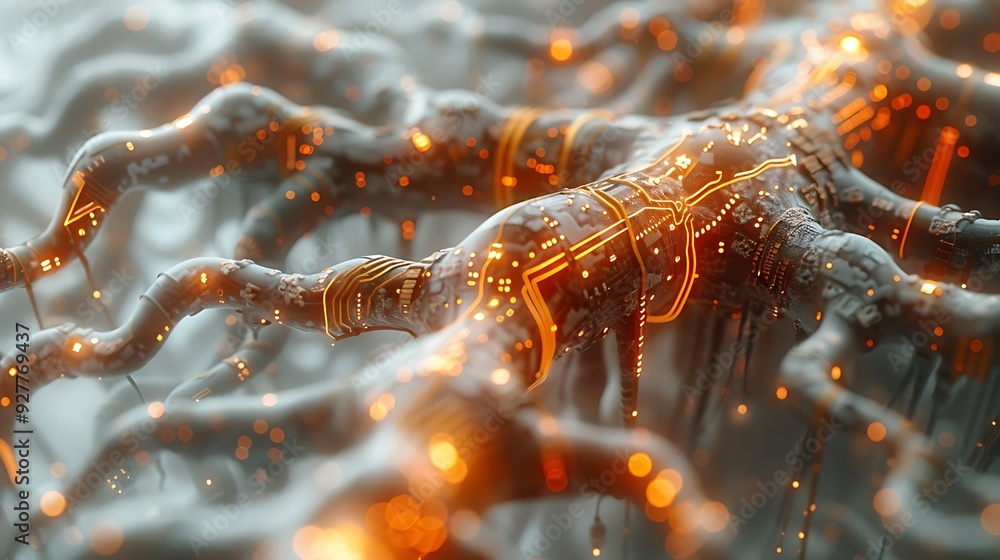 Surreal CPU core with digital circuits interwoven with natural roots ...