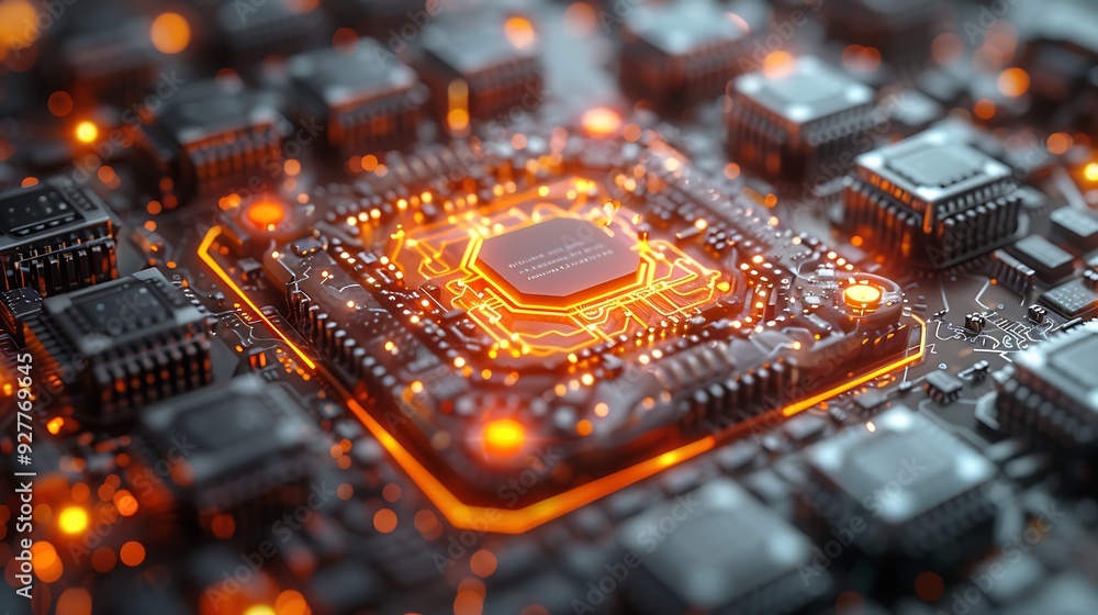 Surreal CPU core with quantum particles and circuits, double exposure ...