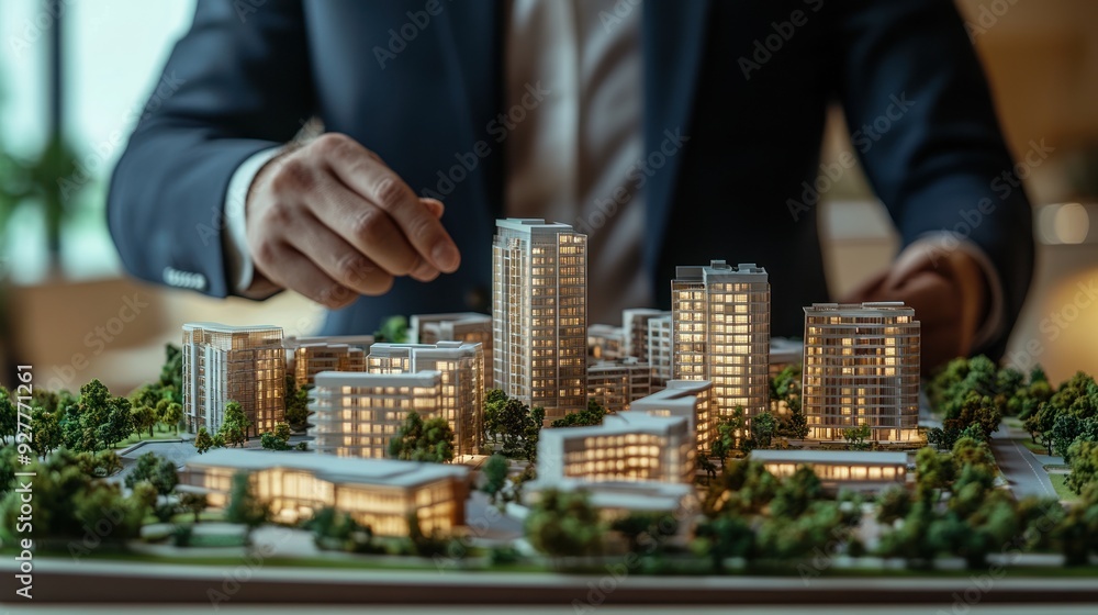 Real estate agent demonstrating a property layout using miniatur design ...