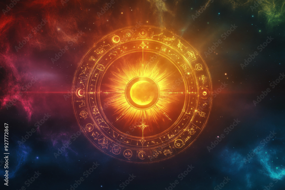 Ancient astrological chart glowing in the universe with sun and moon ...