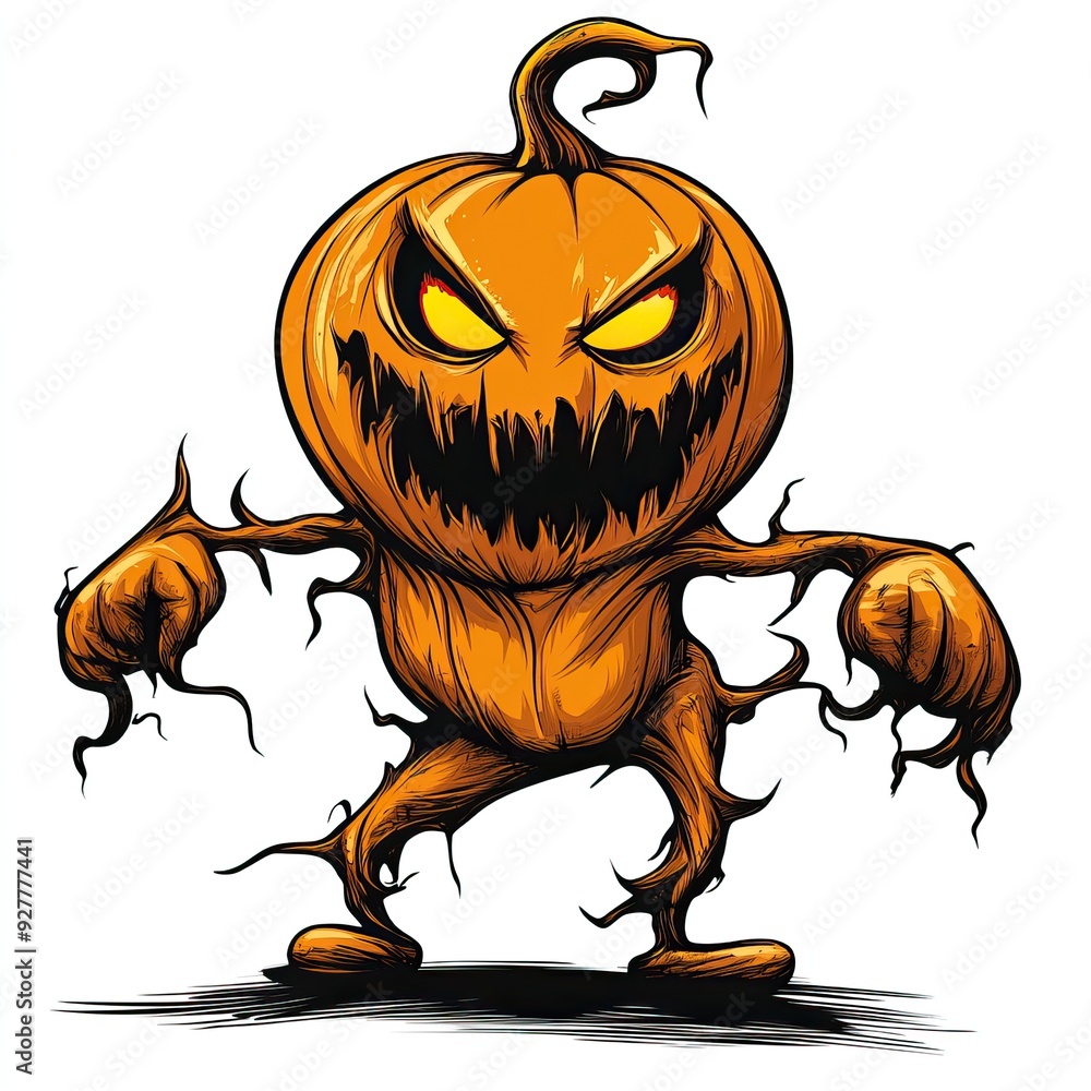 Evil Pumpkin Monster Halloween Character with Glowing Eyes. White ...