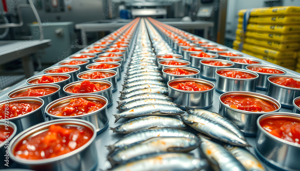 Canned fish factory. Food industry. Sardines in red tomato sauce in ...