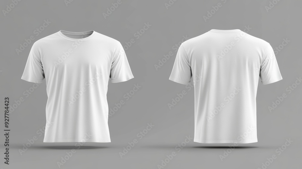Blank white men's t-shirt template displayed from two angles on an ...