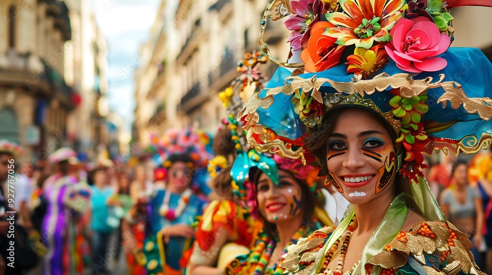 A lively street parade in Valencia with colorful costumes and floats ...