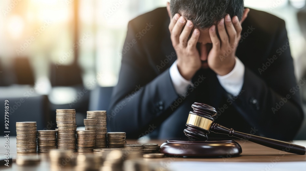 There is a sad man facing a penalty fine for legal violations, marked ...