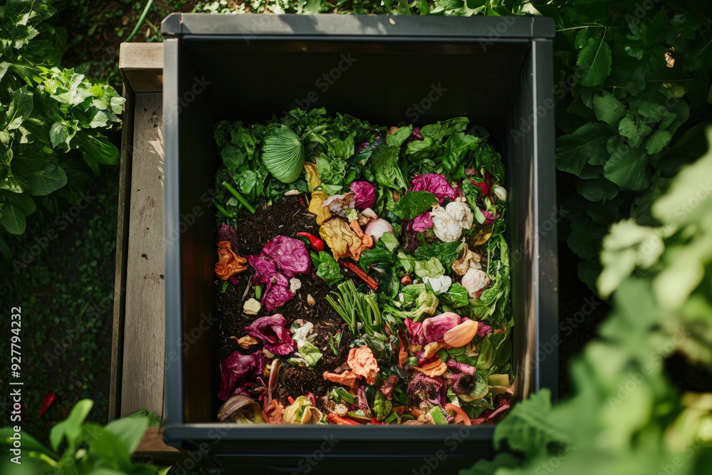 Organic waste decomposing in a composter bin, transforming into ...