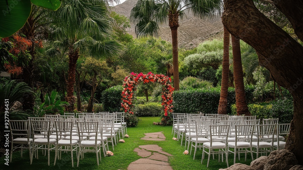 Beautiful outdoor wedding ceremony setup with white chairs, lush ...