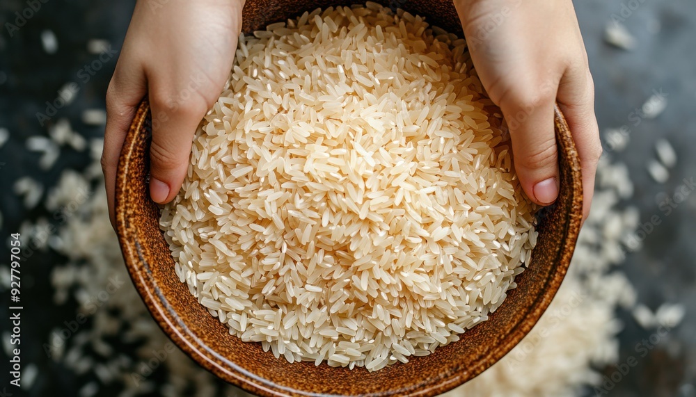 A human hand washes organic raw red rice in a container, gently rinsing ...
