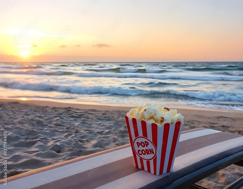 A popcorn box sitting on a lounge chair with a beach view, waves gently ...