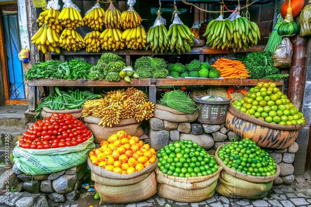 An image of a dynamic street market with bustling shoppers, food stalls ...