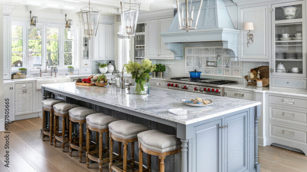 large beautiful kitchen. The kitchen has a large island. The cabinets ...