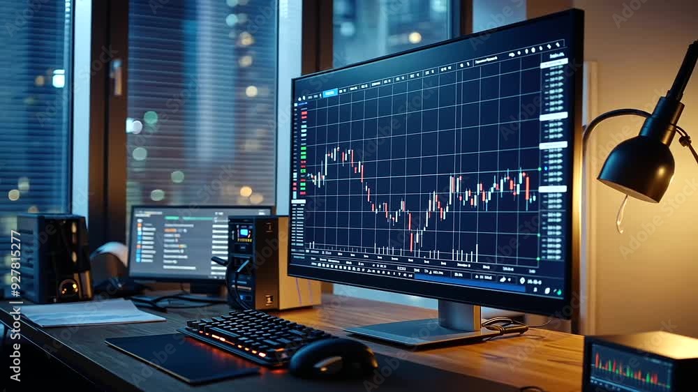 A high-resolution monitor in an office displaying a line graph with ...