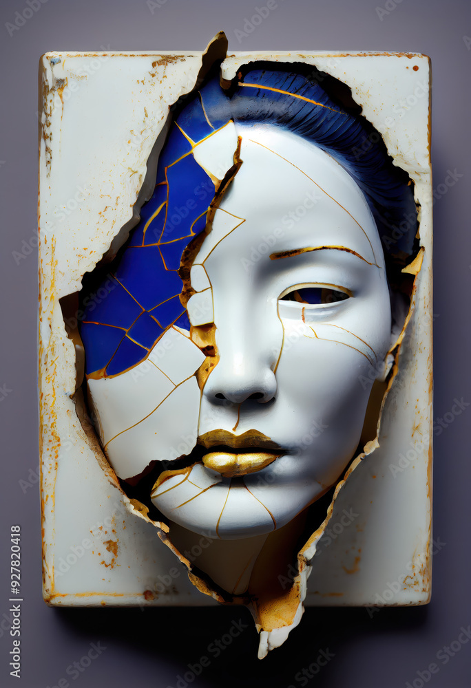 Foto de shows a ceramic mask repaired using the kintsugi technique ...