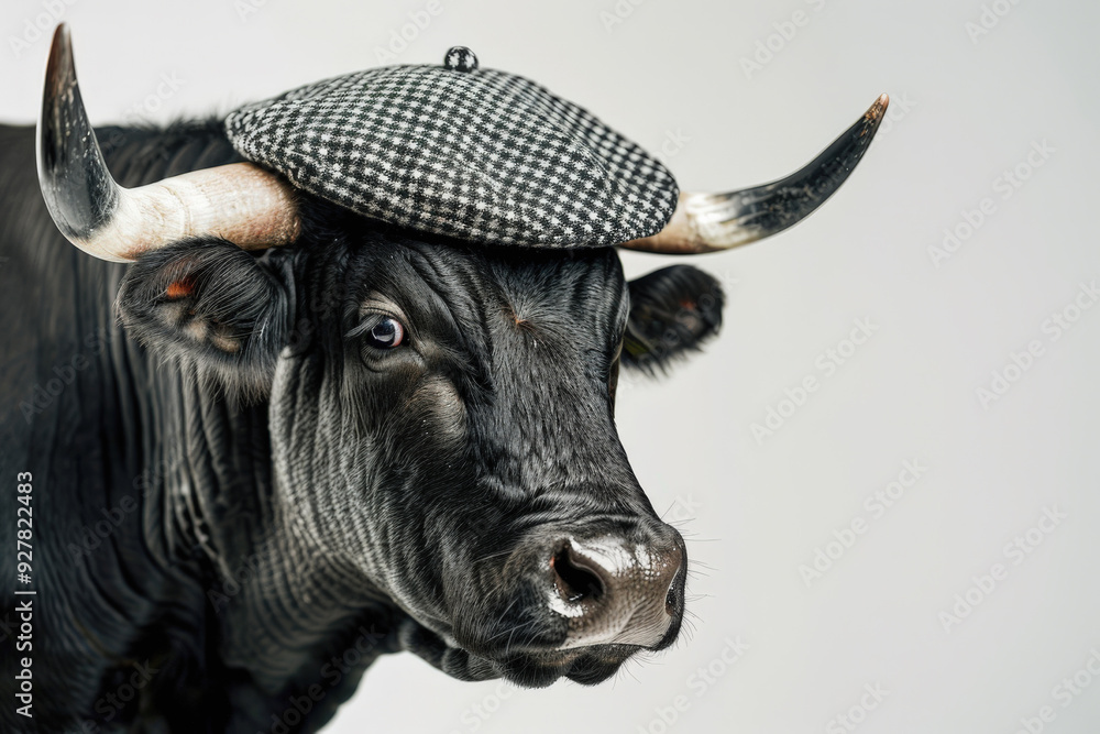 Cabeza de toro de lidia Español, llevando una boina parpusa de San ...