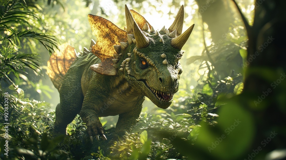 A Styracosaurus charges through dense foliage, its powerful stance ...