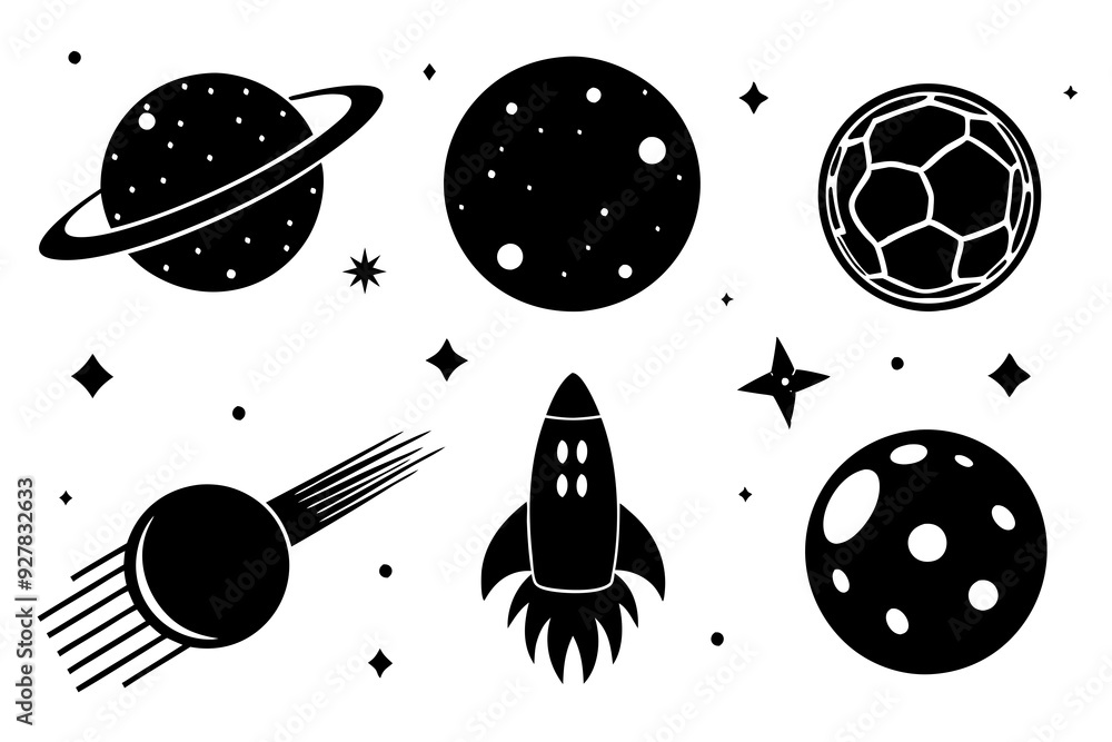 Set of 6 Space Object Silhouette Vectors: Planet, Moon, Asteroid, Comet ...