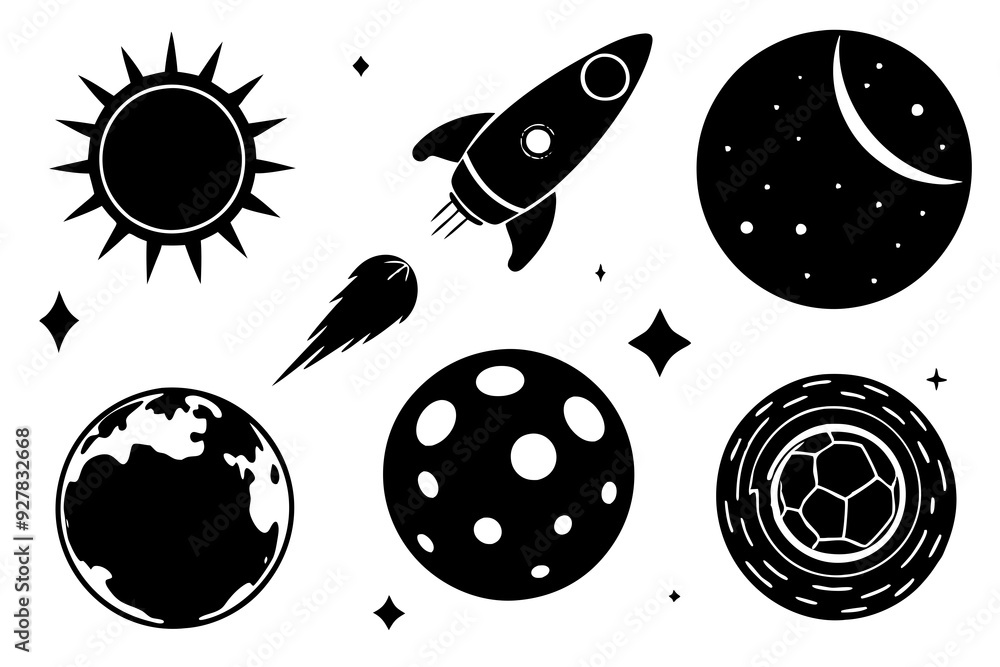 Set of 6 Space Object Silhouette Vectors: Planet, Moon, Asteroid, Comet ...